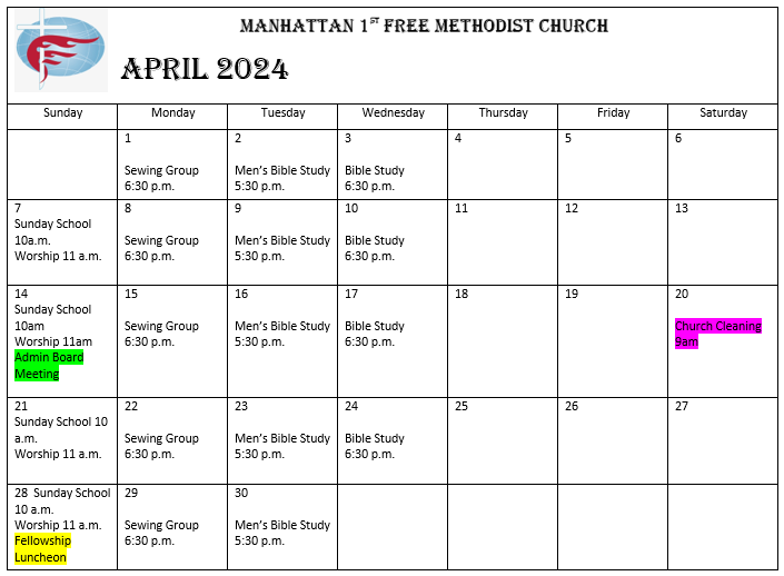 Calendar – Manhattan Free Methodist Church
